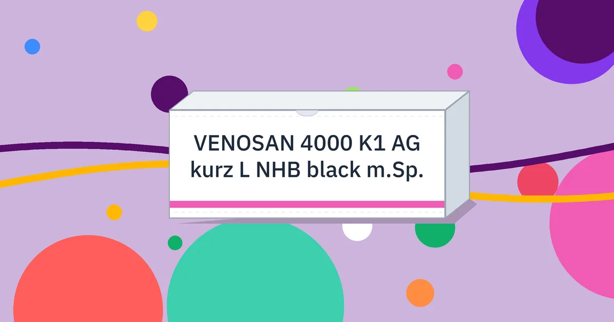 Symbolbild: Packung mit der Aufschrift VENOSAN 4000 K1 AG kurz L NHB black m.Sp. (PZN 14427096) – Verfügbarkeit und Bezug in Apotheken in Frankfurt am Main