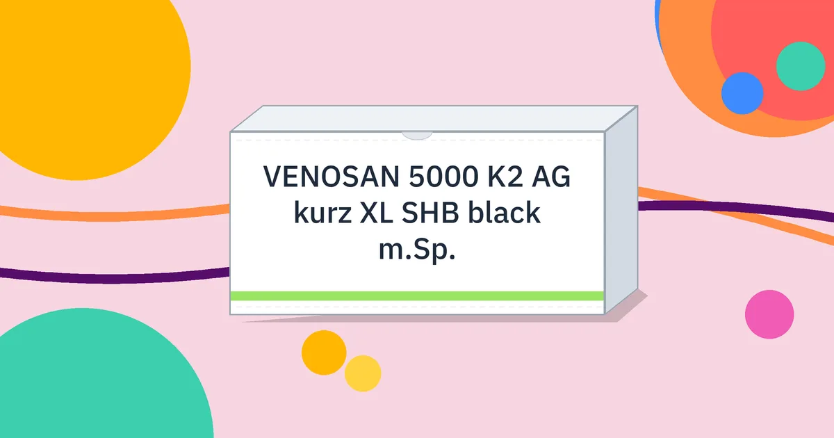 Symbolbild: Packung mit der Aufschrift VENOSAN 5000 K2 AG kurz XL SHB black m.Sp. (PZN 14433748) – Verfügbarkeit und Bezug in Apotheken in Frankfurt am Main