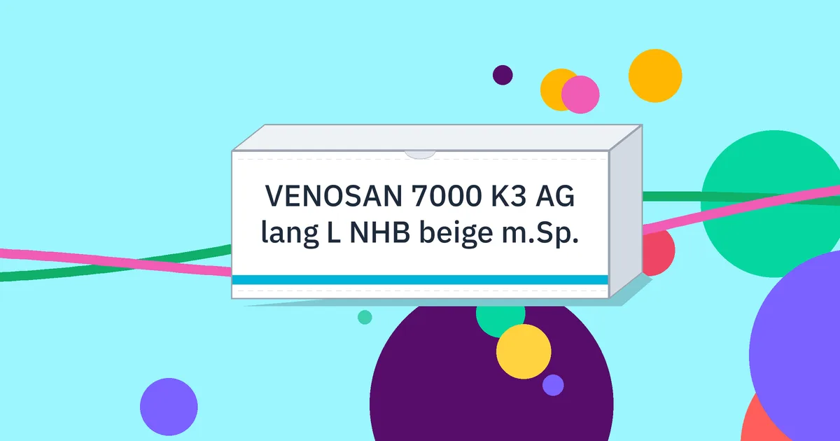 Symbolbild: Packung mit der Aufschrift VENOSAN 7000 K3 AG lang L NHB beige m.Sp. (PZN 14435380) – Verfügbarkeit und Bezug in Apotheken in Frankfurt am Main