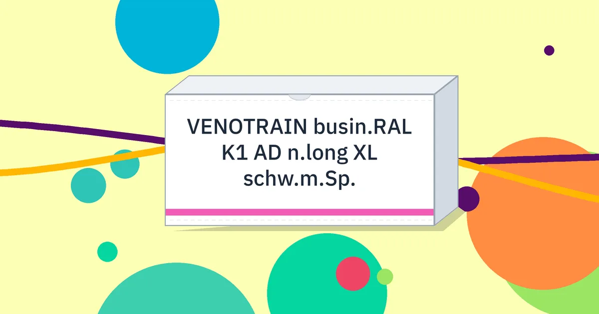 Symbolbild: Packung mit der Aufschrift VENOTRAIN busin.RAL K1 AD n.long XL schw.m.Sp. (PZN 06948674) – Verfügbarkeit und Bezug in Apotheken in Frankfurt am Main