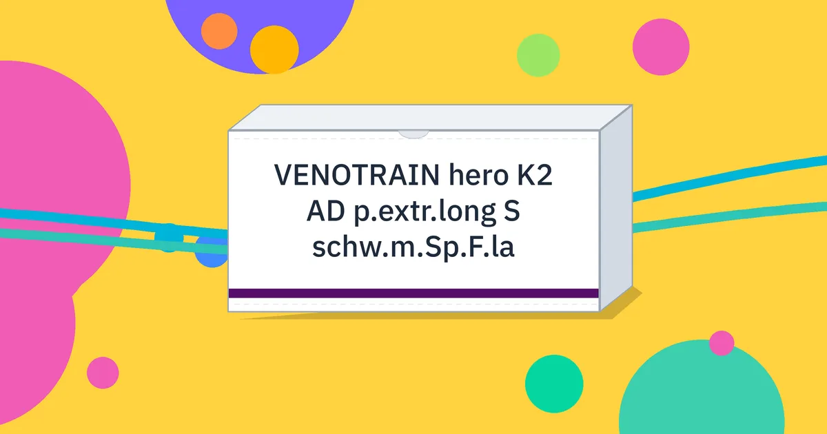Symbolbild: Packung mit der Aufschrift VENOTRAIN hero K2 AD p.extr.long S schw.m.Sp.F.la (PZN 19190078) – Verfügbarkeit und Bezug in Apotheken in Frankfurt am Main