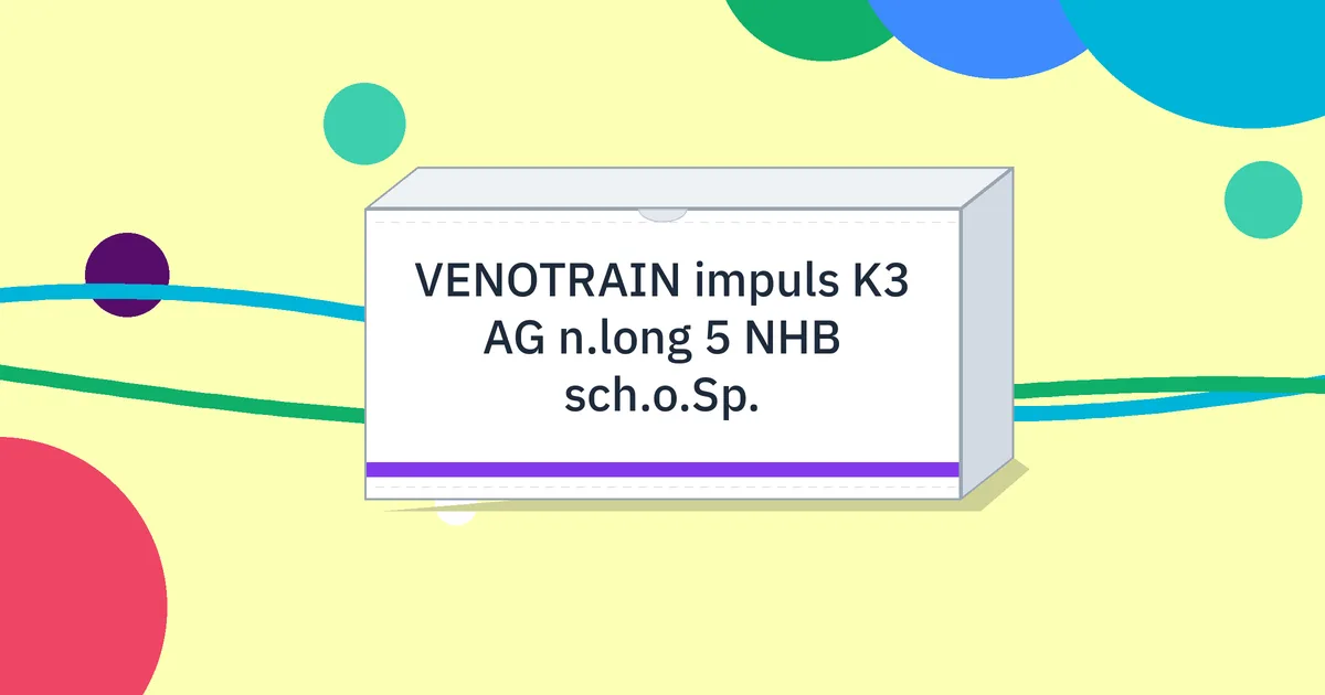 Symbolbild: Packung mit der Aufschrift VENOTRAIN impuls K3 AG n.long 5 NHB sch.o.Sp. (PZN 00540943) – Verfügbarkeit und Bezug in Apotheken in Frankfurt am Main