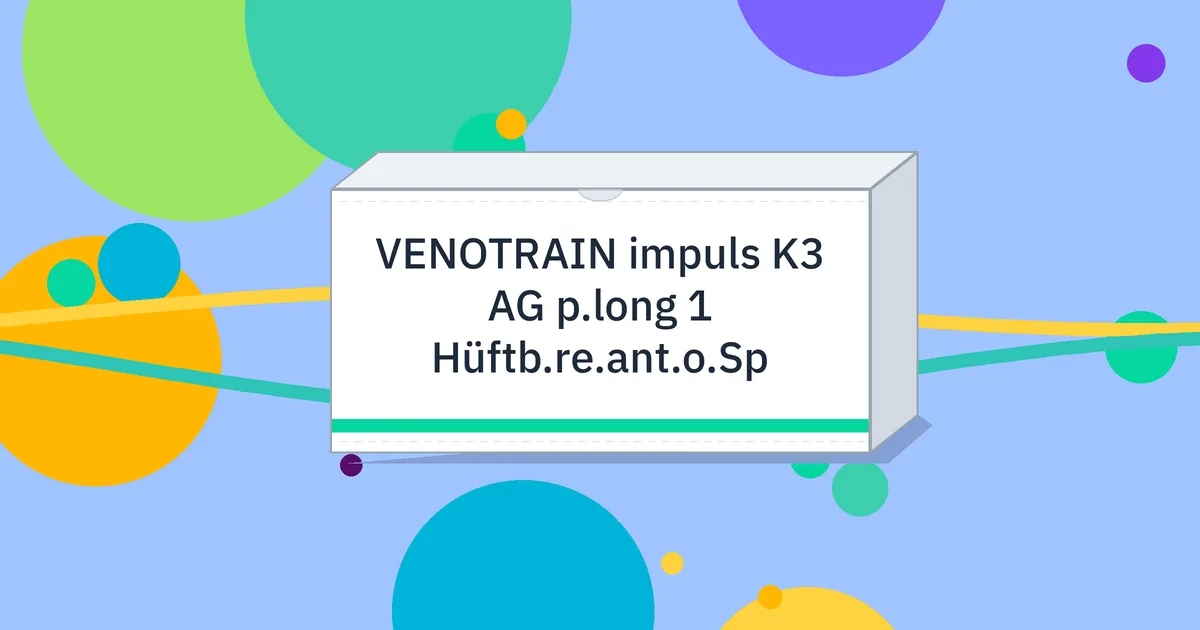 Symbolbild: Packung mit der Aufschrift VENOTRAIN impuls K3 AG p.long 1 Hüftb.re.ant.o.Sp (PZN 15218621) – Verfügbarkeit und Bezug in Apotheken in Frankfurt am Main