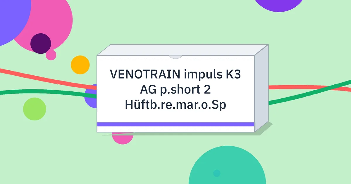 Symbolbild: Packung mit der Aufschrift VENOTRAIN impuls K3 AG p.short 2 Hüftb.re.mar.o.Sp (PZN 15217969) – Verfügbarkeit und Bezug in Apotheken in Frankfurt am Main