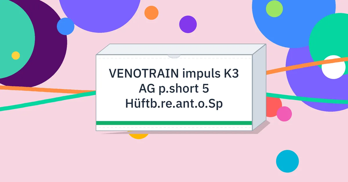 Symbolbild: Packung mit der Aufschrift VENOTRAIN impuls K3 AG p.short 5 Hüftb.re.ant.o.Sp (PZN 15218609) – Verfügbarkeit und Bezug in Apotheken in Frankfurt am Main