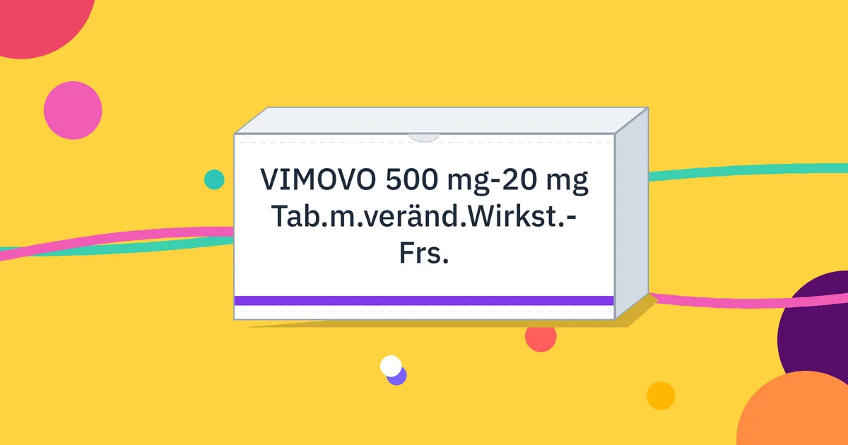 Symbolbild: Packung mit der Aufschrift VIMOVO 500 mg-20 mg Tab.m.veränd.Wirkst.-Frs. (PZN 09315828) – Verfügbarkeit und Bezug in Apotheken in Frankfurt am Main