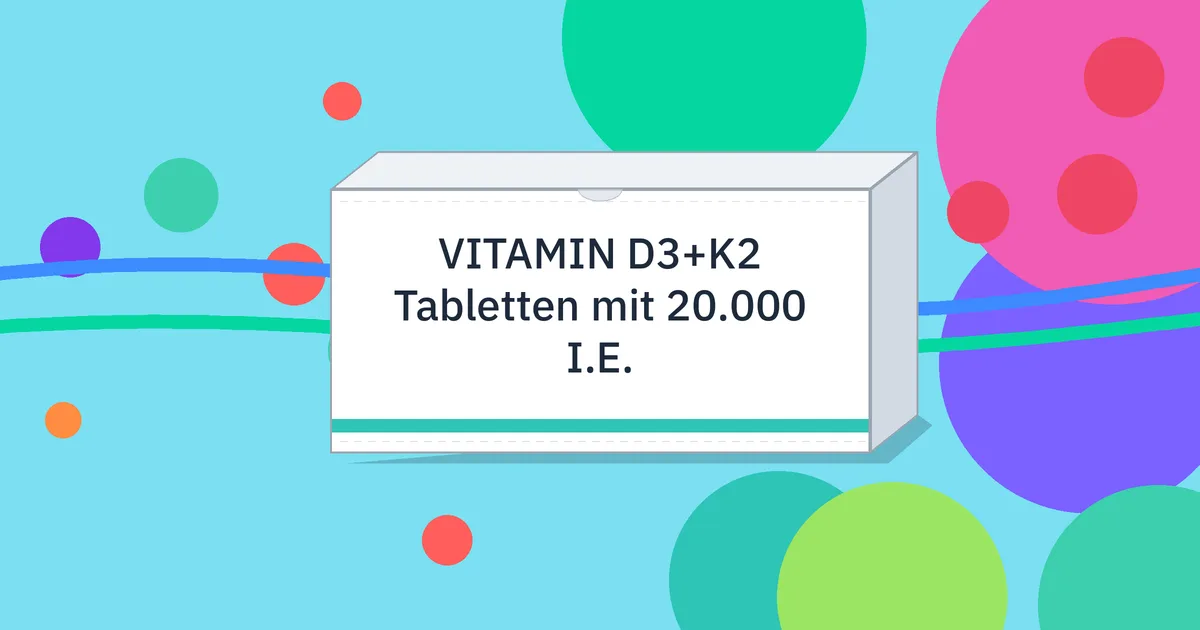 Symbolbild: Packung mit der Aufschrift VITAMIN D3+K2 Tabletten mit 20.000 I.E. (PZN 20003354) – Verfügbarkeit und Bezug in Apotheken in Frankfurt am Main