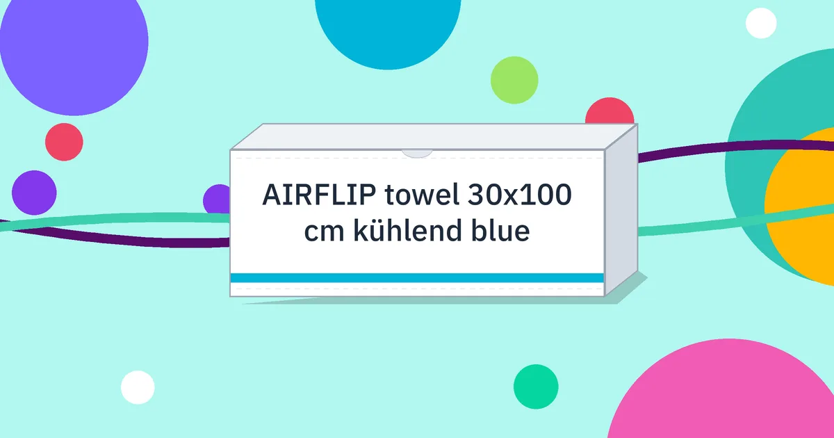 Symbolbild: Packung mit der Aufschrift AIRFLIP towel 30x100 cm kühlend blue (PZN 19797538) – Verfügbarkeit und Bezug in Apotheken in Frankfurt am Main