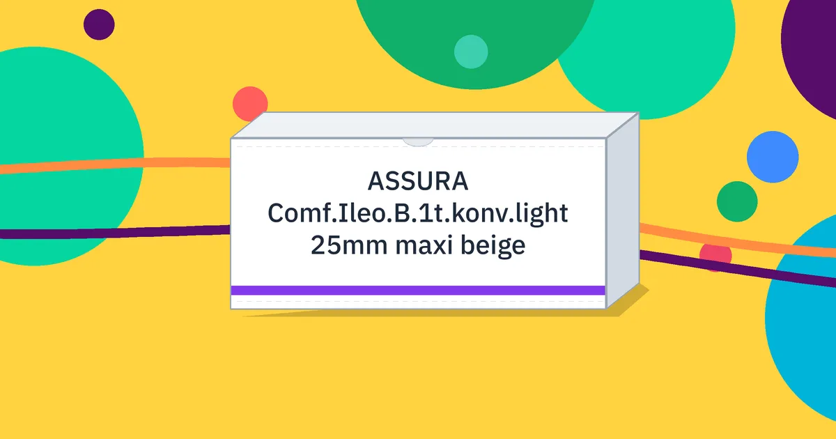 Symbolbild: Packung mit der Aufschrift ASSURA Comf.Ileo.B.1t.konv.light 25mm maxi beige (PZN 02238651) – Verfügbarkeit und Bezug in Apotheken in Frankfurt am Main