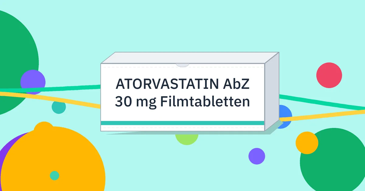 Symbolbild: Packung mit der Aufschrift ATORVASTATIN AbZ 30 mg Filmtabletten (PZN 09924579) – Verfügbarkeit und Bezug in Apotheken in Frankfurt am Main