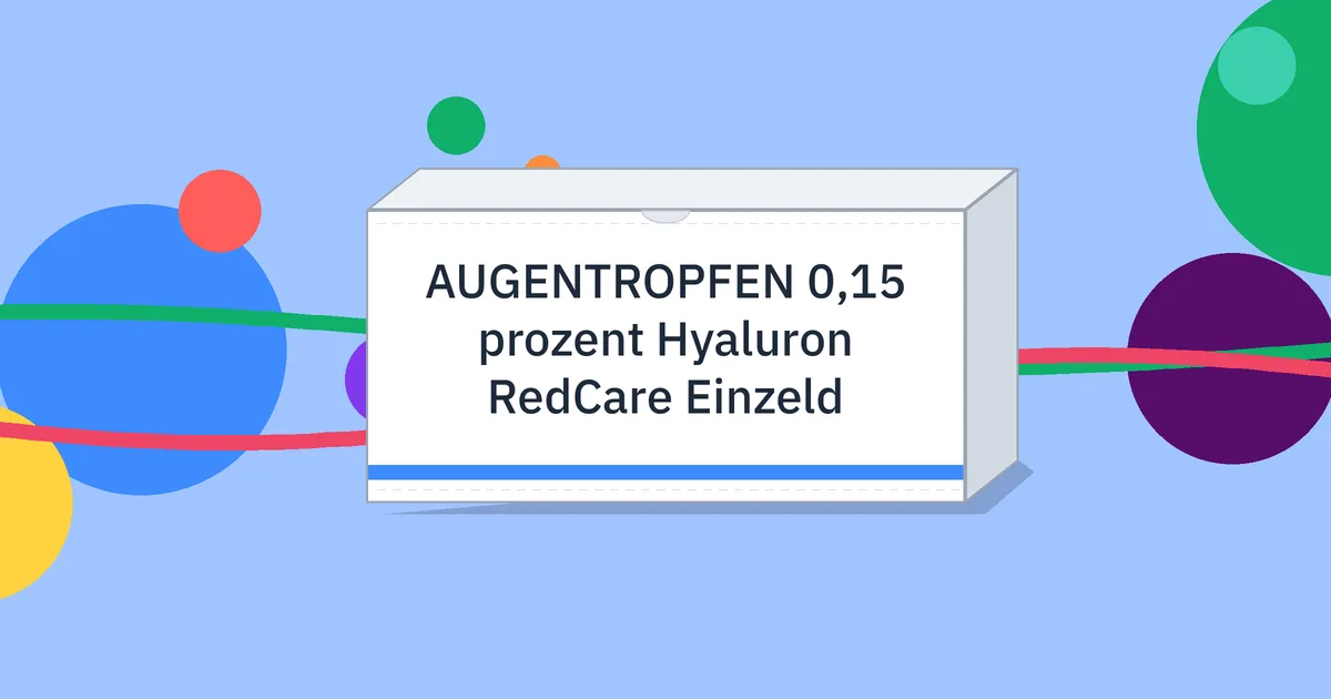 Symbolbild: Packung mit der Aufschrift AUGENTROPFEN 0,15 prozent Hyaluron RedCare Einzeld (PZN 17396692) – Verfügbarkeit und Bezug in Apotheken in Frankfurt am Main