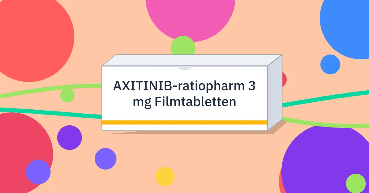 Symbolbild: Packung mit der Aufschrift AXITINIB-ratiopharm 3 mg Filmtabletten (PZN 19261789) – Verfügbarkeit und Bezug in Apotheken in Frankfurt am Main
