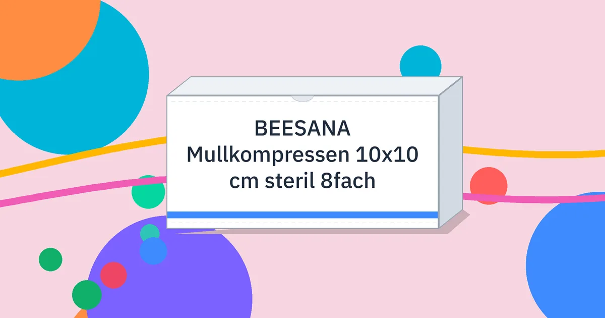 Symbolbild: Packung mit der Aufschrift BEESANA Mullkompressen 10x10 cm steril 8fach (PZN 14199413) – Verfügbarkeit und Bezug in Apotheken in Frankfurt am Main