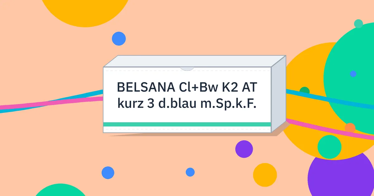 Symbolbild: Packung mit der Aufschrift BELSANA Cl+Bw K2 AT kurz 3 d.blau m.Sp.k.F. (PZN 15627868) – Verfügbarkeit und Bezug in Apotheken in Frankfurt am Main