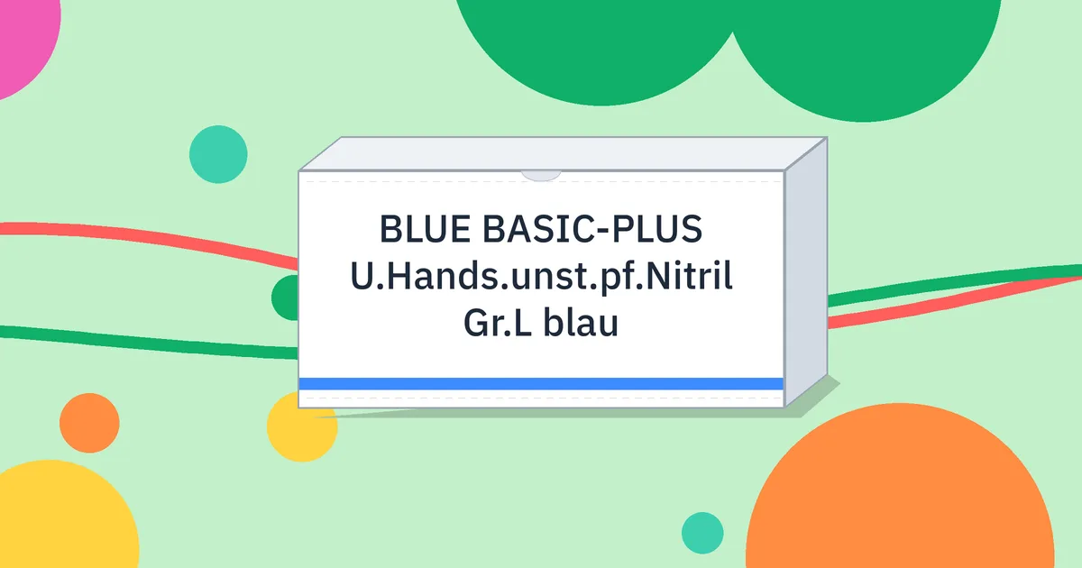 Symbolbild: Packung mit der Aufschrift BLUE BASIC-PLUS U.Hands.unst.pf.Nitril Gr.L blau (PZN 11237225) – Verfügbarkeit und Bezug in Apotheken in Frankfurt am Main