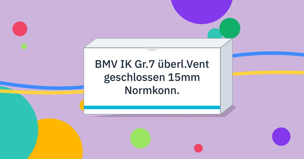 Symbolbild: Packung mit der Aufschrift BMV IK Gr.7 überl.Vent geschlossen 15mm Normkonn. (PZN 18381422) – Verfügbarkeit und Bezug in Apotheken in Frankfurt am Main