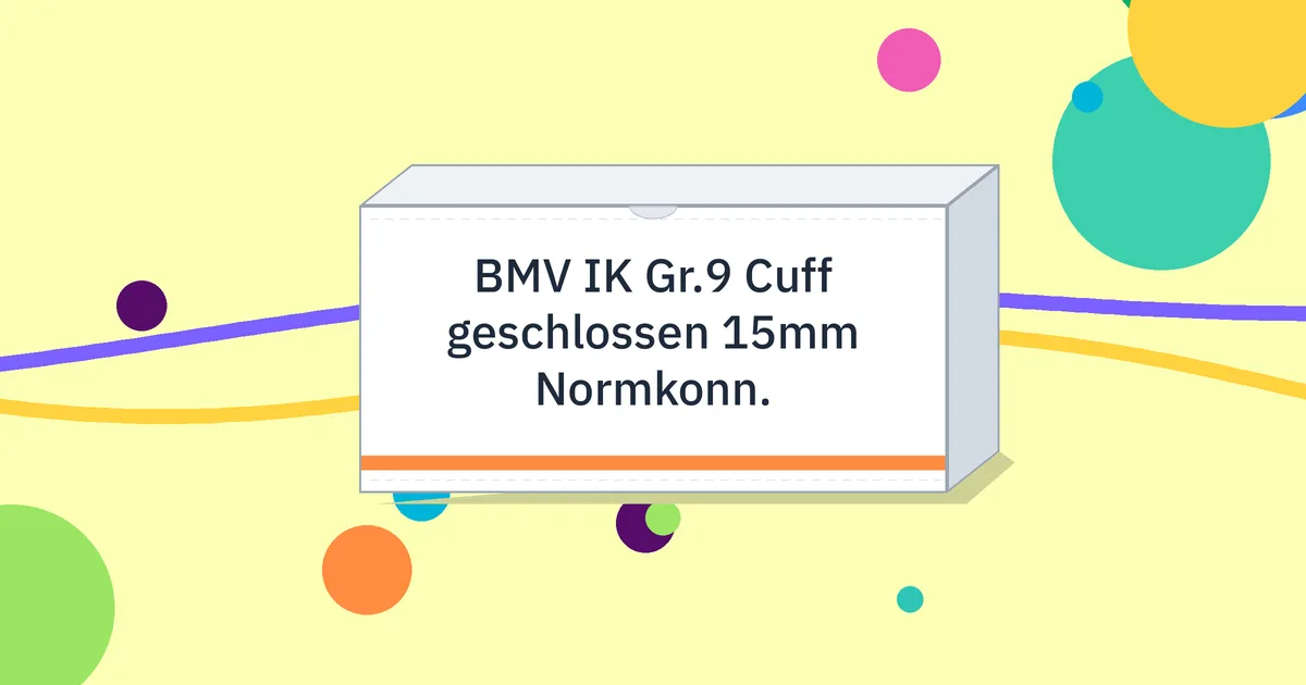 Symbolbild: Packung mit der Aufschrift BMV IK Gr.9 Cuff geschlossen 15mm Normkonn. (PZN 18381623) – Verfügbarkeit und Bezug in Apotheken in Frankfurt am Main