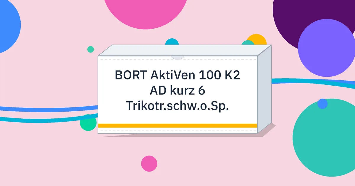 Symbolbild: Packung mit der Aufschrift BORT AktiVen 100 K2 AD kurz 6 Trikotr.schw.o.Sp. (PZN 14386658) – Verfügbarkeit und Bezug in Apotheken in Frankfurt am Main