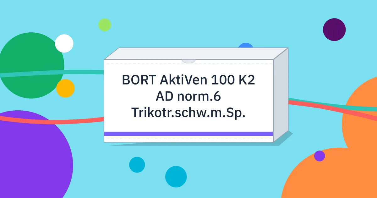 Symbolbild: Packung mit der Aufschrift BORT AktiVen 100 K2 AD norm.6 Trikotr.schw.m.Sp. (PZN 14386753) – Verfügbarkeit und Bezug in Apotheken in Frankfurt am Main