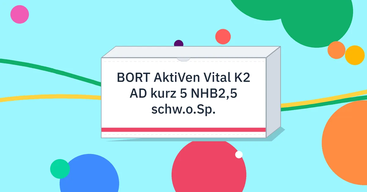 Symbolbild: Packung mit der Aufschrift BORT AktiVen Vital K2 AD kurz 5 NHB2,5 schw.o.Sp. (PZN 17498004) – Verfügbarkeit und Bezug in Apotheken in Frankfurt am Main