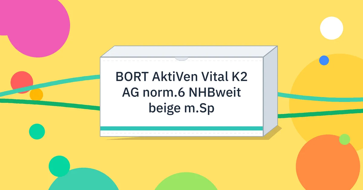 Symbolbild: Packung mit der Aufschrift BORT AktiVen Vital K2 AG norm.6 NHBweit beige m.Sp (PZN 13731969) – Verfügbarkeit und Bezug in Apotheken in Frankfurt am Main