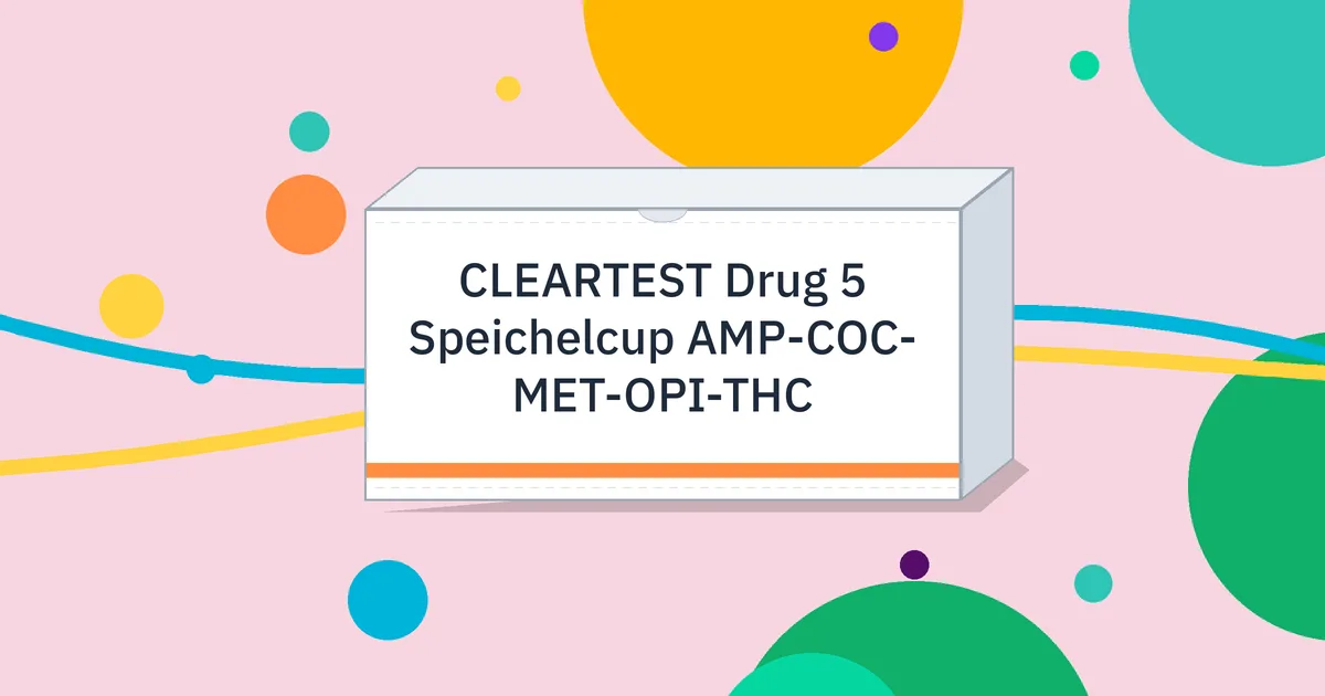 Symbolbild: Packung mit der Aufschrift CLEARTEST Drug 5 Speichelcup AMP-COC-MET-OPI-THC (PZN 19394007) – Verfügbarkeit und Bezug in Apotheken in Frankfurt am Main