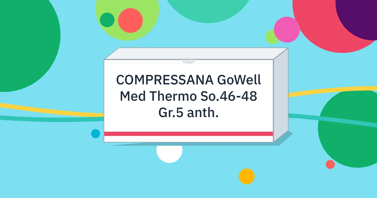 Symbolbild: Packung mit der Aufschrift COMPRESSANA GoWell Med Thermo So.46-48 Gr.5 anth. (PZN 03105343) – Verfügbarkeit und Bezug in Apotheken in Frankfurt am Main