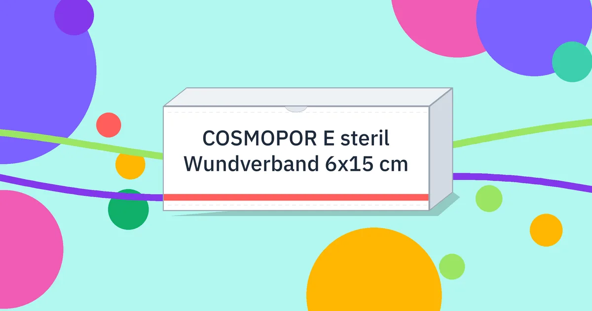 Symbolbild: Packung mit der Aufschrift COSMOPOR E steril Wundverband 6x15 cm (PZN 19469395) – Verfügbarkeit und Bezug in Apotheken in Frankfurt am Main