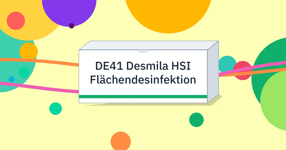 Symbolbild: Packung mit der Aufschrift DE41 Desmila HSI Flächendesinfektion (PZN 16762568) – Verfügbarkeit und Bezug in Apotheken in Frankfurt am Main