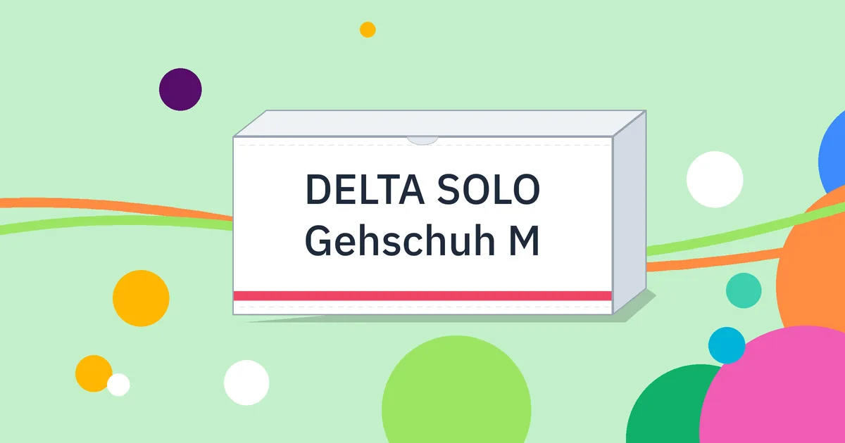 Symbolbild: Packung mit der Aufschrift DELTA SOLO Gehschuh M (PZN 04380264) – Verfügbarkeit und Bezug in Apotheken in Frankfurt am Main