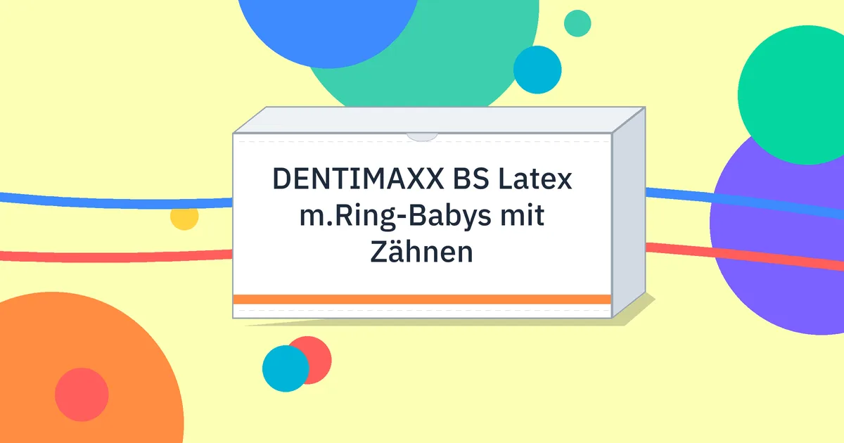 Symbolbild: Packung mit der Aufschrift DENTIMAXX BS Latex m.Ring-Babys mit Zähnen (PZN 04452199) – Verfügbarkeit und Bezug in Apotheken in Frankfurt am Main