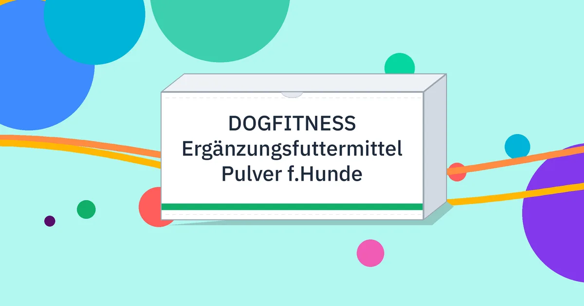 Symbolbild: Packung mit der Aufschrift DOGFITNESS Ergänzungsfuttermittel Pulver f.Hunde (PZN 14410233) – Verfügbarkeit und Bezug in Apotheken in Frankfurt am Main