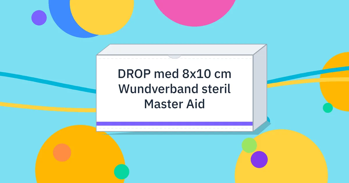 Symbolbild: Packung mit der Aufschrift DROP med 8x10 cm Wundverband steril Master Aid (PZN 20111807) – Verfügbarkeit und Bezug in Apotheken in Frankfurt am Main