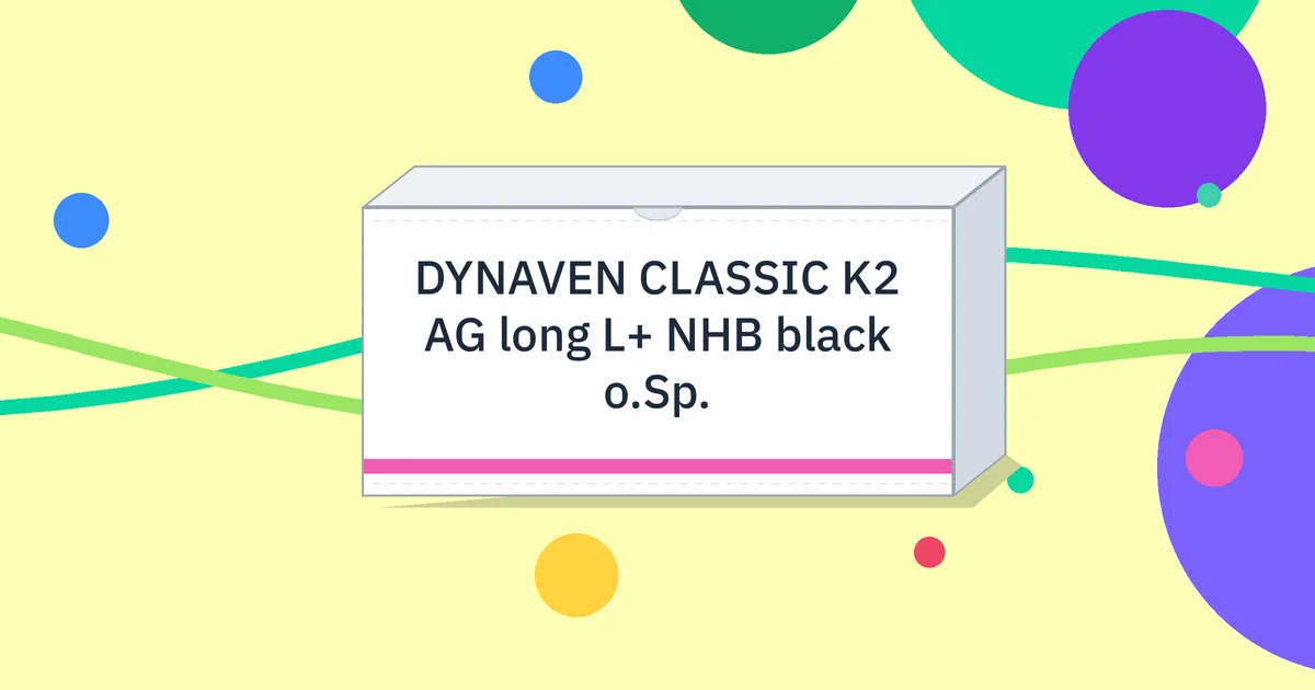 Symbolbild: Packung mit der Aufschrift DYNAVEN CLASSIC K2 AG long L+ NHB black o.Sp. (PZN 18418384) – Verfügbarkeit und Bezug in Apotheken in Frankfurt am Main