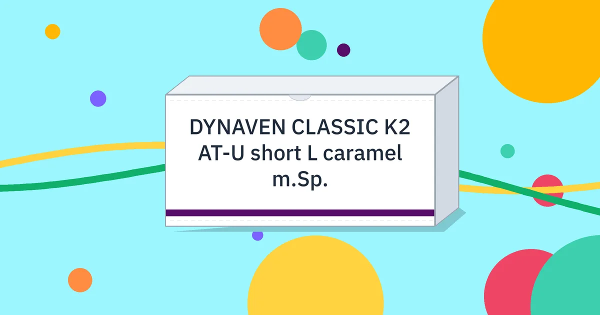 Symbolbild: Packung mit der Aufschrift DYNAVEN CLASSIC K2 AT-U short L caramel m.Sp. (PZN 18419952) – Verfügbarkeit und Bezug in Apotheken in Frankfurt am Main