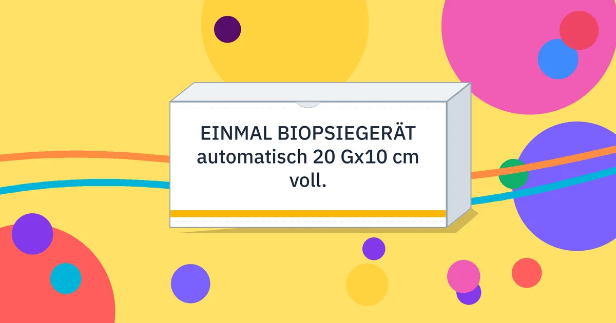 Symbolbild: Packung mit der Aufschrift EINMAL BIOPSIEGERÄT automatisch 20 Gx10 cm voll. (PZN 14384464) – Verfügbarkeit und Bezug in Apotheken in Frankfurt am Main