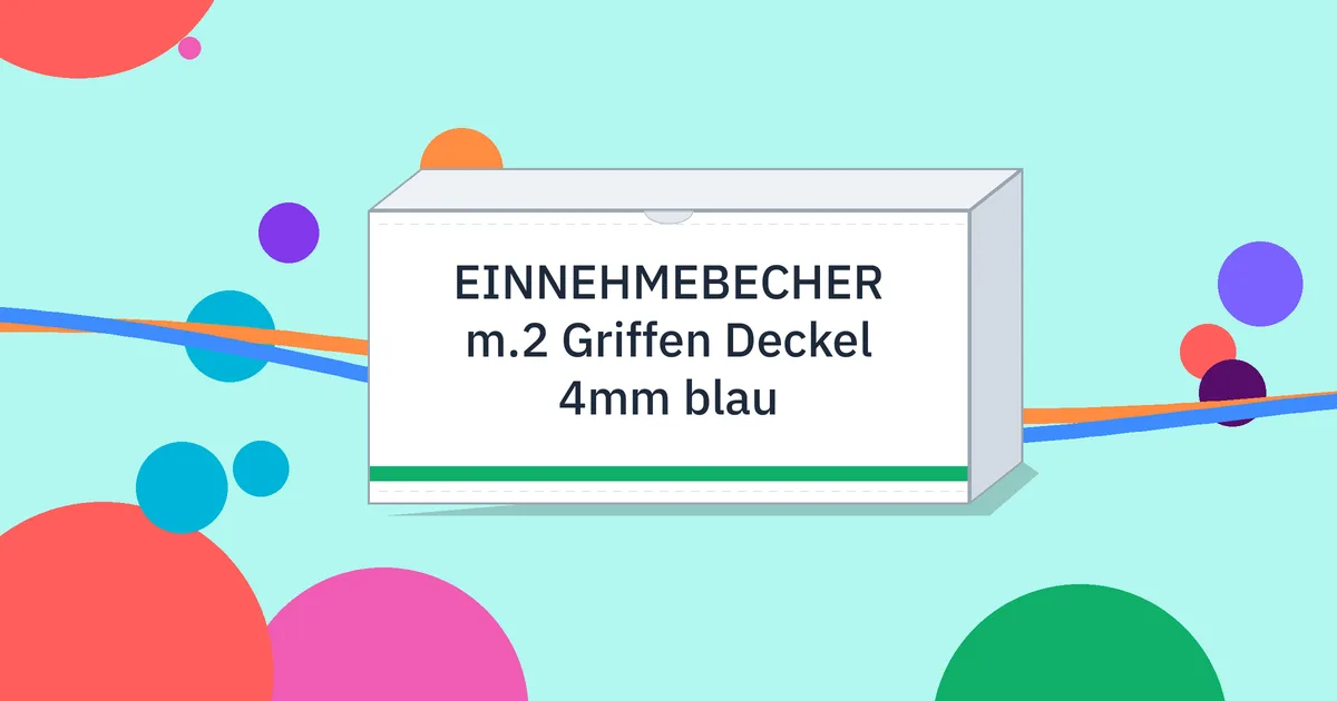 Symbolbild: Packung mit der Aufschrift EINNEHMEBECHER m.2 Griffen Deckel 4mm blau (PZN 10124068) – Verfügbarkeit und Bezug in Apotheken in Frankfurt am Main