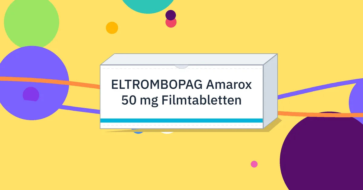 Symbolbild: Packung mit der Aufschrift ELTROMBOPAG Amarox 50 mg Filmtabletten (PZN 19708569) – Verfügbarkeit und Bezug in Apotheken in Frankfurt am Main