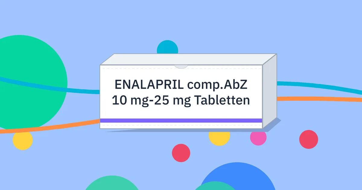 Symbolbild: Packung mit der Aufschrift ENALAPRIL comp.AbZ 10 mg-25 mg Tabletten (PZN 04182759) – Verfügbarkeit und Bezug in Apotheken in Frankfurt am Main