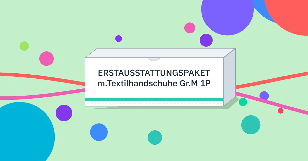 Symbolbild: Packung mit der Aufschrift ERSTAUSSTATTUNGSPAKET m.Textilhandschuhe Gr.M 1P (PZN 19628511) – Verfügbarkeit und Bezug in Apotheken in Frankfurt am Main