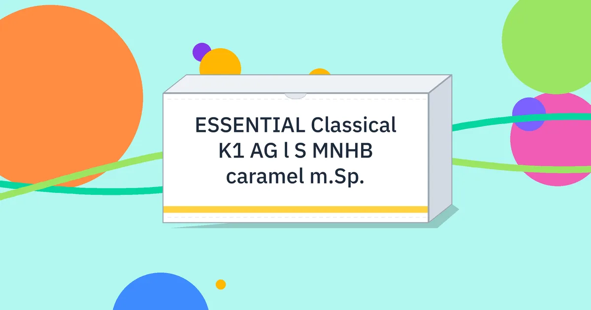 Symbolbild: Packung mit der Aufschrift ESSENTIAL Classical K1 AG l S MNHB caramel m.Sp. (PZN 19321468) – Verfügbarkeit und Bezug in Apotheken in Frankfurt am Main