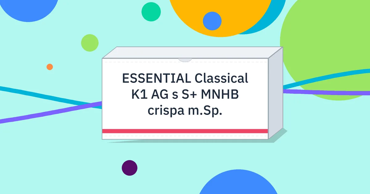 Symbolbild: Packung mit der Aufschrift ESSENTIAL Classical K1 AG s S+ MNHB crispa m.Sp. (PZN 19320925) – Verfügbarkeit und Bezug in Apotheken in Frankfurt am Main