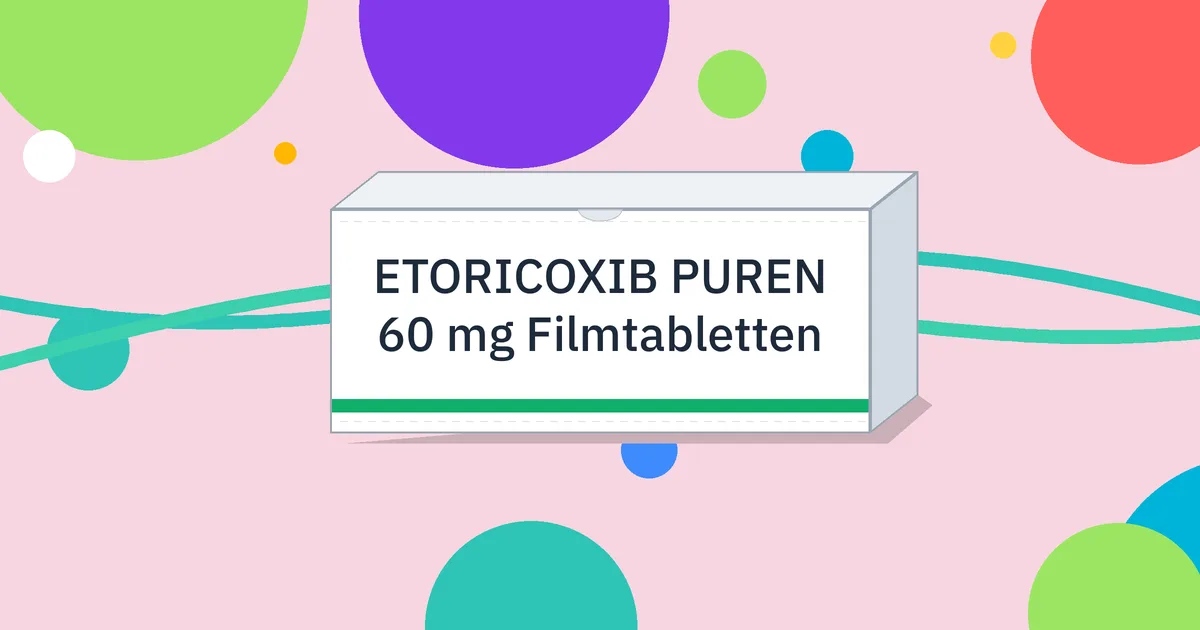 Symbolbild: Packung mit der Aufschrift ETORICOXIB PUREN 60 mg Filmtabletten (PZN 12361677) – Verfügbarkeit und Bezug in Apotheken in Frankfurt am Main
