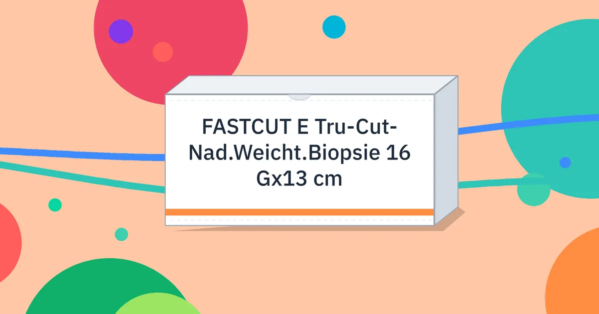 Symbolbild: Packung mit der Aufschrift FASTCUT E Tru-Cut-Nad.Weicht.Biopsie 16 Gx13 cm (PZN 19738754) – Verfügbarkeit und Bezug in Apotheken in Frankfurt am Main