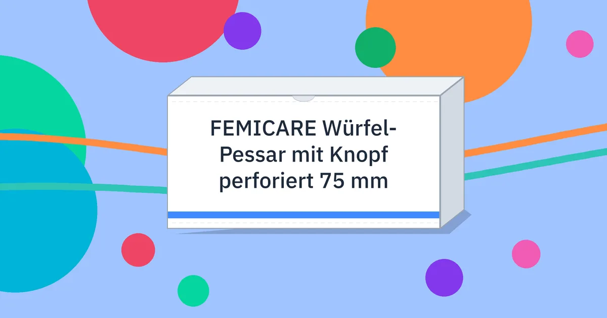 Symbolbild: Packung mit der Aufschrift FEMICARE Würfel-Pessar mit Knopf perforiert 75 mm (PZN 19335996) – Verfügbarkeit und Bezug in Apotheken in Frankfurt am Main