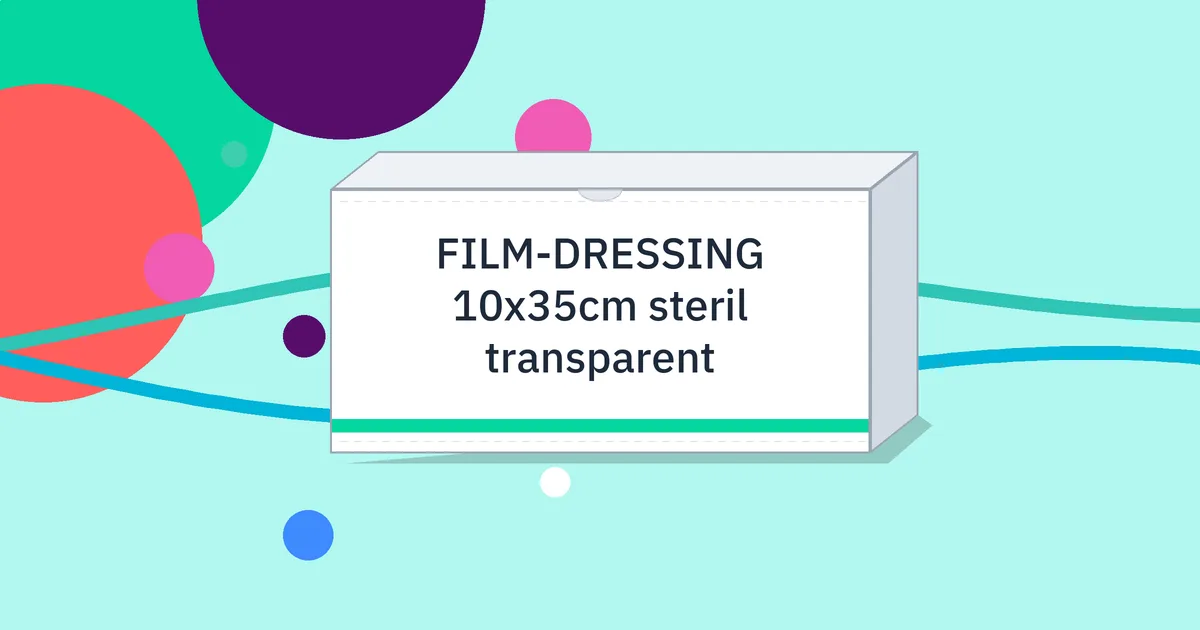 Symbolbild: Packung mit der Aufschrift FILM-DRESSING 10x35cm steril transparent (PZN 20010578) – Verfügbarkeit und Bezug in Apotheken in Frankfurt am Main