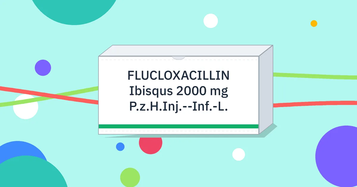 Symbolbild: Packung mit der Aufschrift FLUCLOXACILLIN Ibisqus 2000 mg P.z.H.Inj.--Inf.-L. (PZN 14407656) – Verfügbarkeit und Bezug in Apotheken in Frankfurt am Main