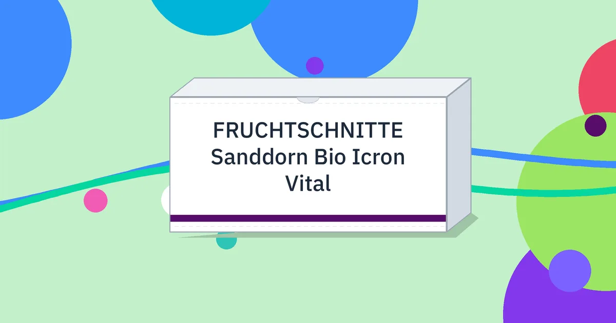 Symbolbild: Packung mit der Aufschrift FRUCHTSCHNITTE Sanddorn Bio Icron Vital (PZN 01912192) – Verfügbarkeit und Bezug in Apotheken in Frankfurt am Main