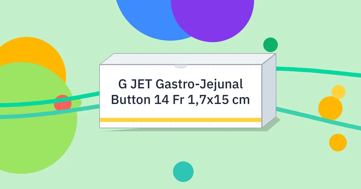 Symbolbild: Packung mit der Aufschrift G JET Gastro-Jejunal Button 14 Fr 1,7x15 cm (PZN 14346475) – Verfügbarkeit und Bezug in Apotheken in Frankfurt am Main