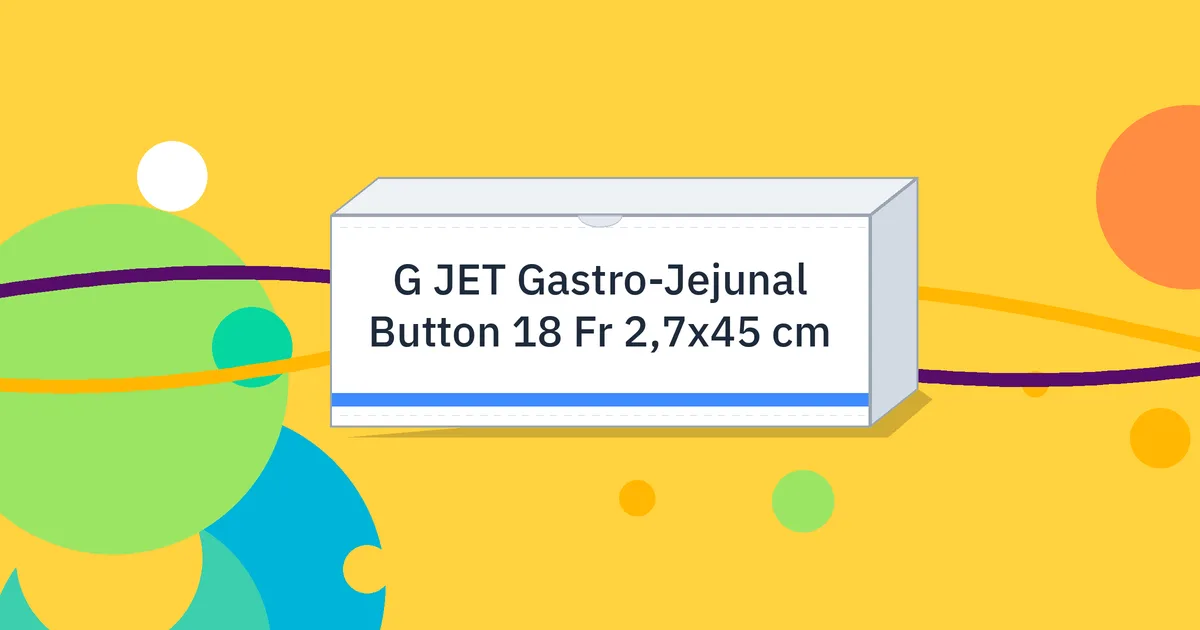 Symbolbild: Packung mit der Aufschrift G JET Gastro-Jejunal Button 18 Fr 2,7x45 cm (PZN 14347279) – Verfügbarkeit und Bezug in Apotheken in Frankfurt am Main